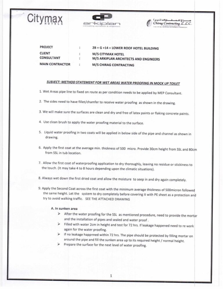 Method of Statement of Wet Area Waterproofing works - The Engineers Blog